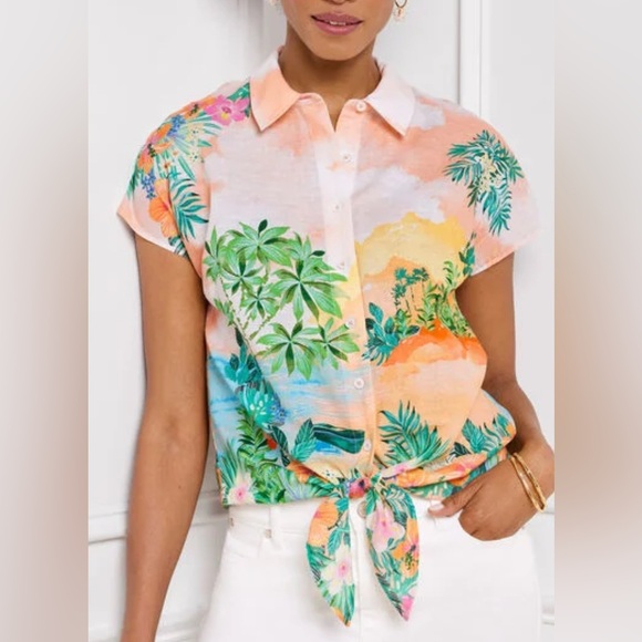 Talbots | Tops | Talbots Linen Cotton Tie Hem Button Front Tropical Sun ...